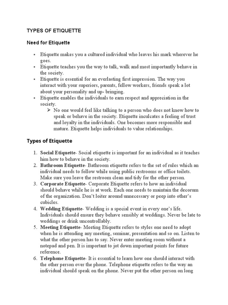 Types of Etiquette Explained | PDF | Etiquette | Public Toilet