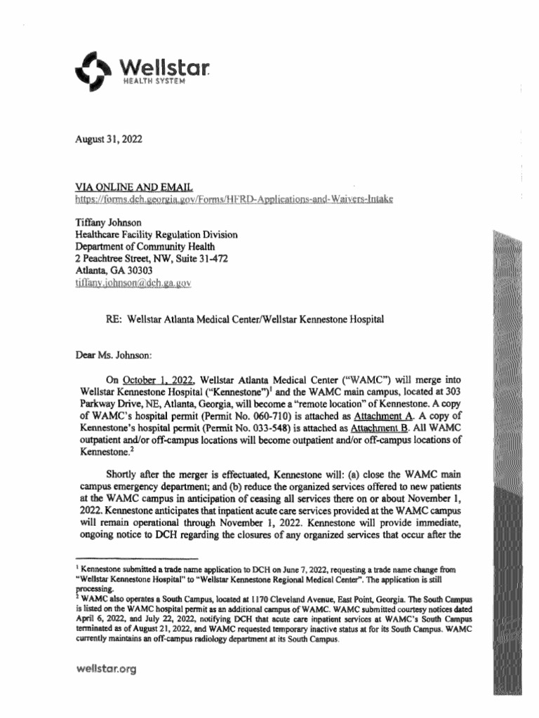 Wellstar's Letter To The Department of Community Health | PDF