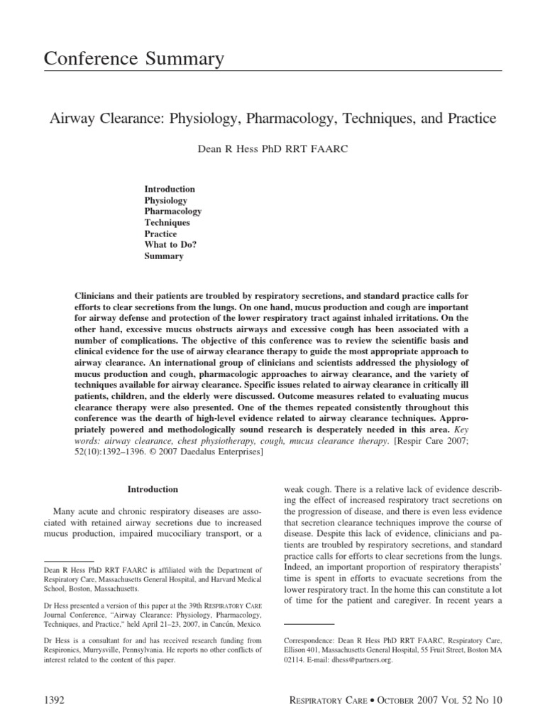 Airway Clearance. Physiology, Pharmacology, Techniques, and Practice ...