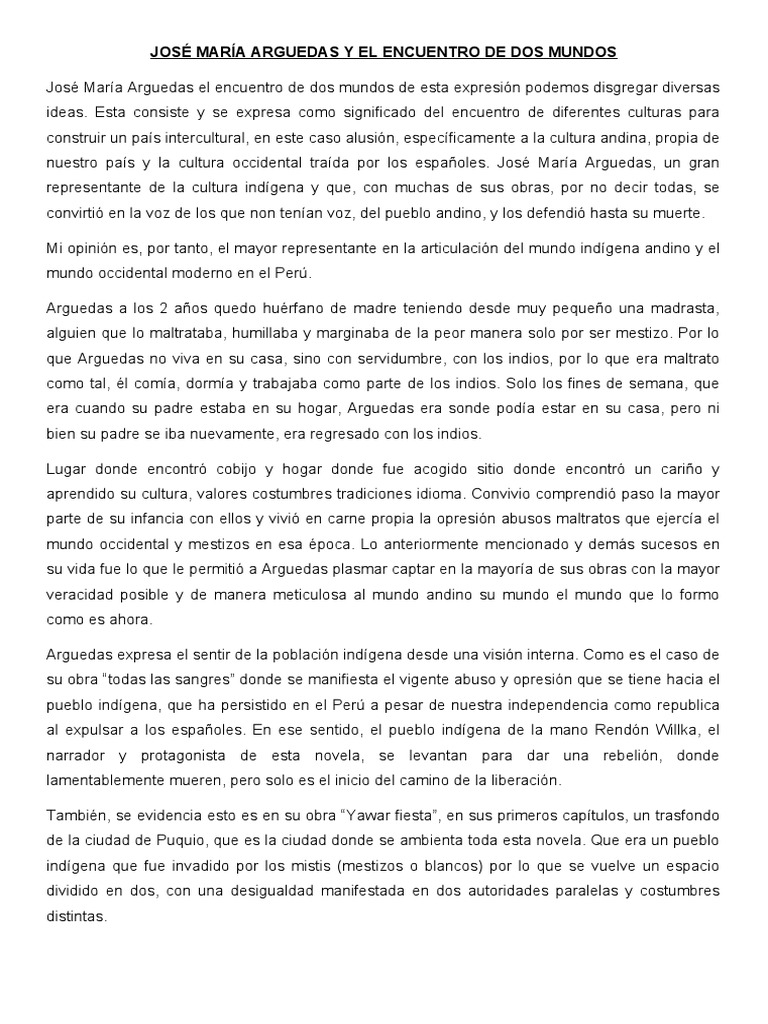 José María Arguedas y El Encuentro de Dos Mundos | PDF | Perú