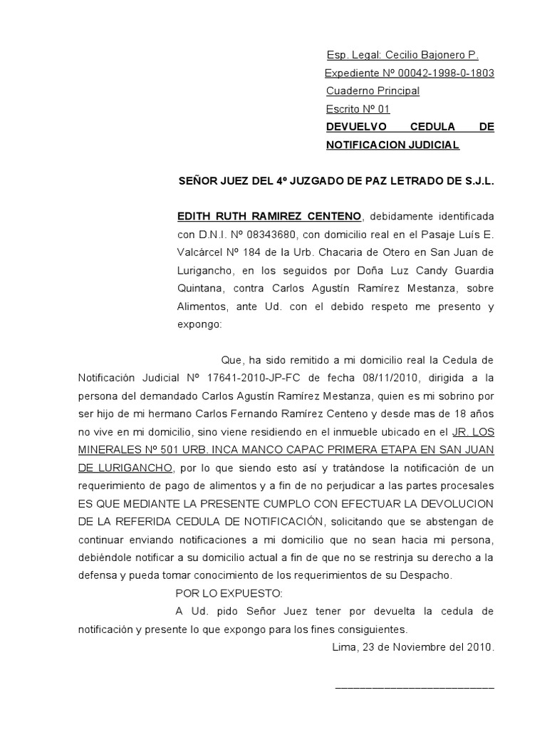 Devuelvo Cedula de Notificacion Judicial | PDF