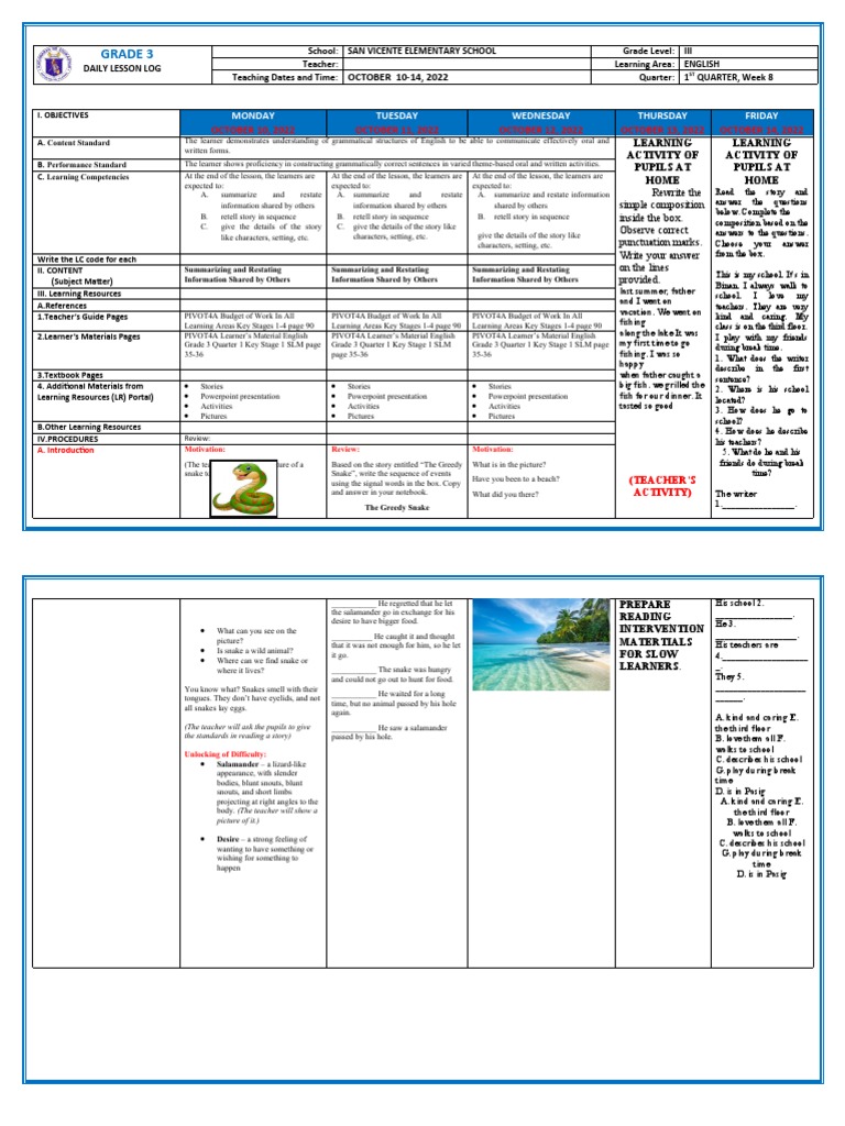 DLL G3 Q1 Week 8 English | PDF | Learning | Differentiated Instruction