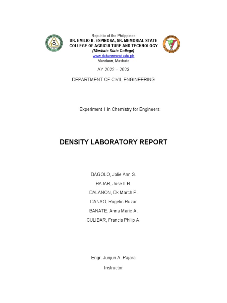 Density Laboratory Report for Engineers | PDF | Density | Volume