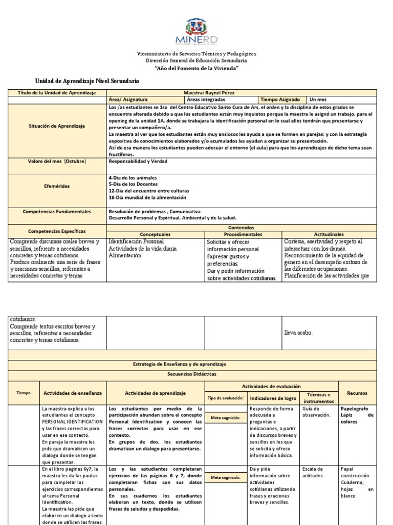 Nueva Plantilla de Planificacion Minerd Raynel Ingles | PDF ...