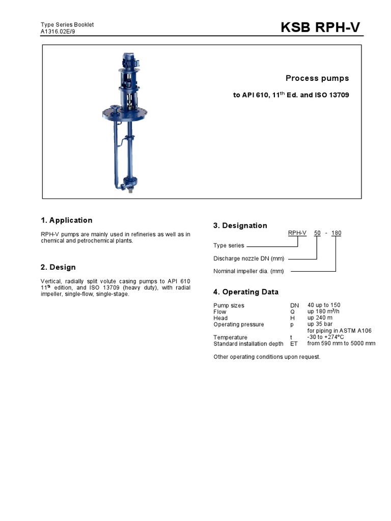 KSB RPH-V. Process Pumps. 1. Application. 3. Designation. 2. Design. 4. Operating Data. To API ...