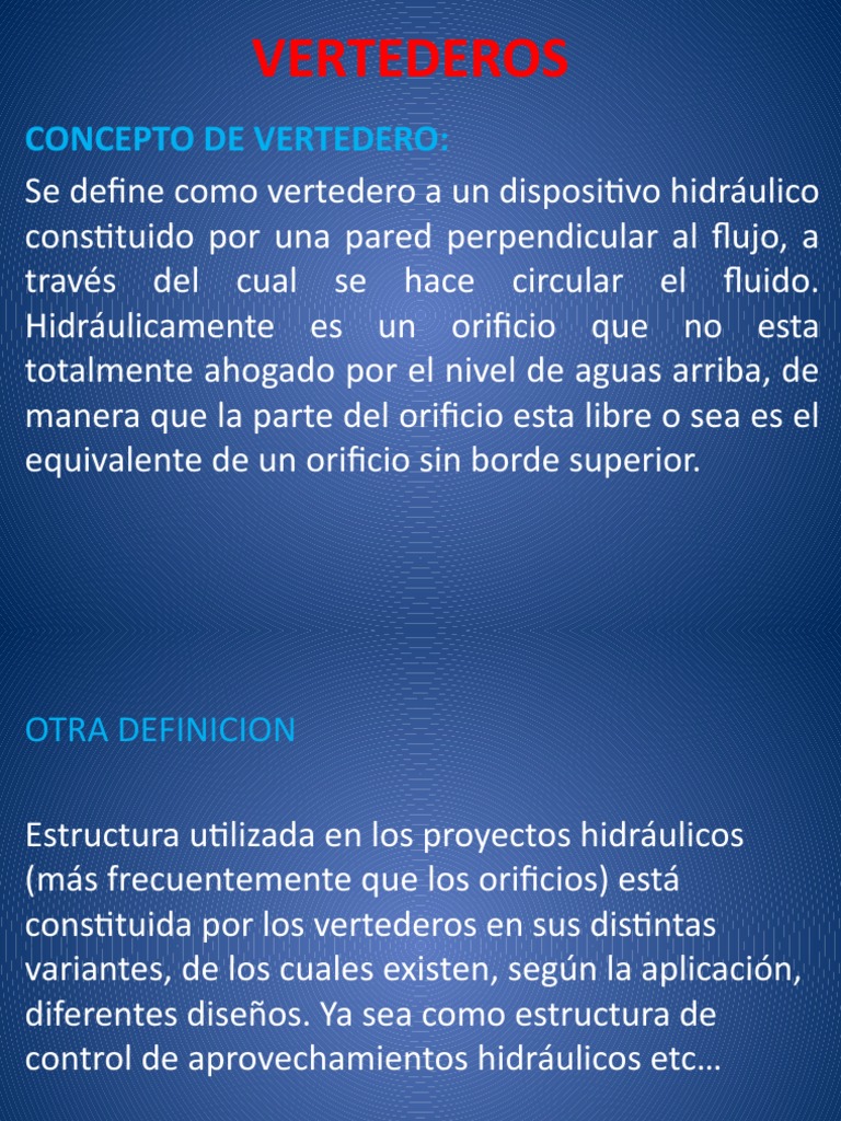Estructuras Hidráulicas - Vertederos | PDF | Hidráulica | Descarga (hidrología)