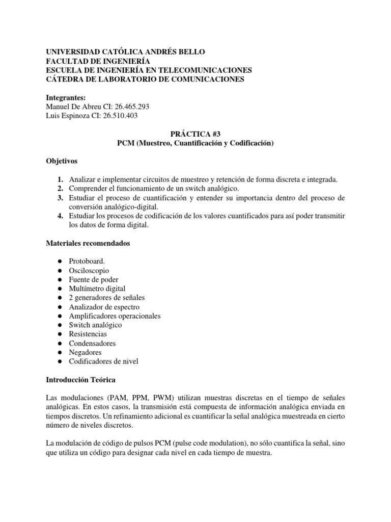 Práctica 3 - PCM - Lab de Com | PDF | Conversor analógico a digital | Señal analoga