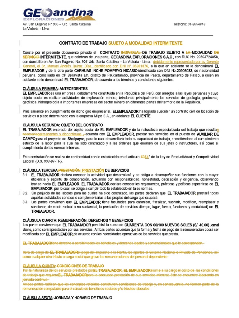 Modelo. Contrato de Trabajo Intermitente | PDF | Arbitraje | Salario