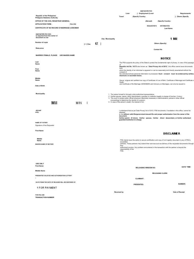 Cenomar Form | PDF | Marriage | Government