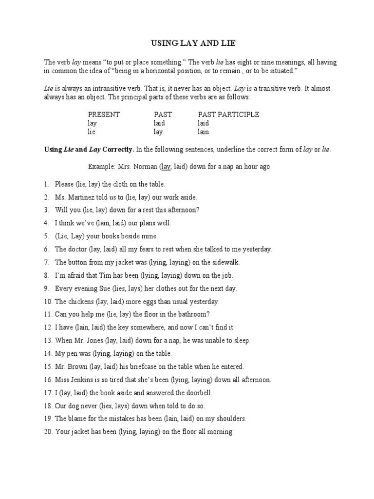 Lay Vs Lie Worksheet