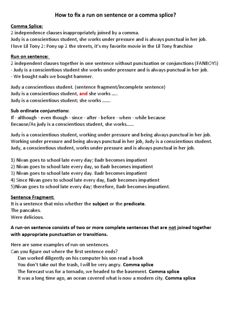 How To Fix A Run On Sentence and Comma Splice | PDF | Grammar ...