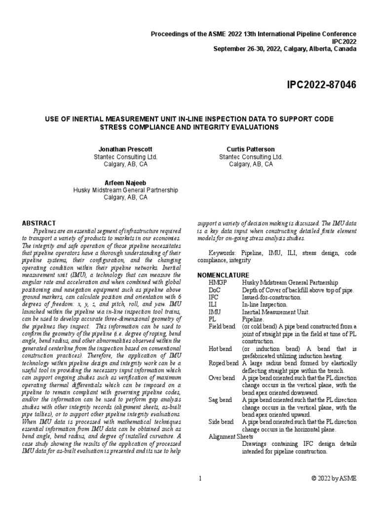 Ipc2022-87046 - Use of Inertial Measurement Unit In-Line Inspection Data To Support Code | PDF ...