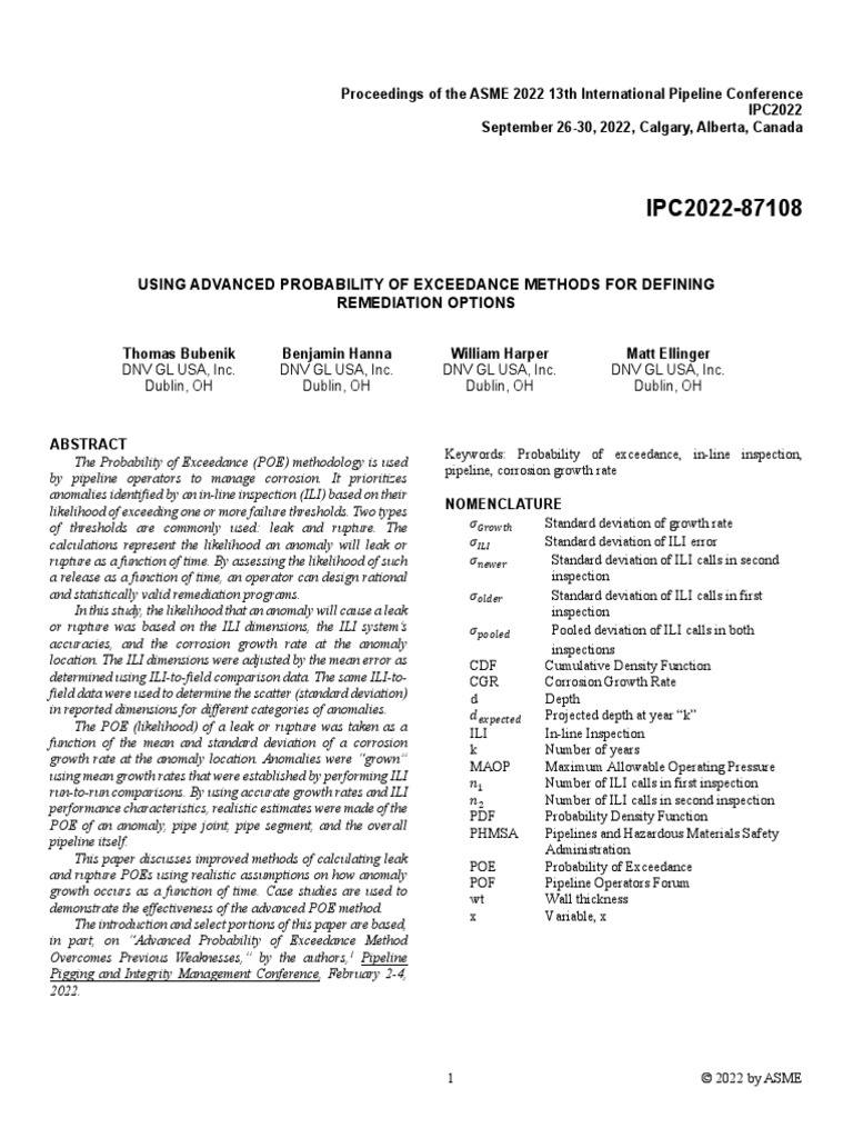 IPC2022-87108 Advances in Using Probability of Exceedance Methods For Defining Remediation ...