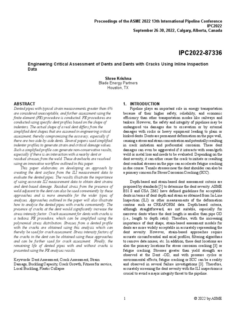 IPC Engineering Critical Assessment of Dents and Dents With Cracks ...