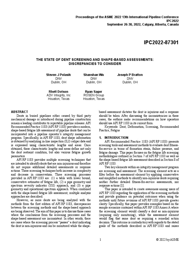 Ipc2022-87301 The State of Dent Screening and Shape-Based Assessments | PDF | Fatigue (Material ...