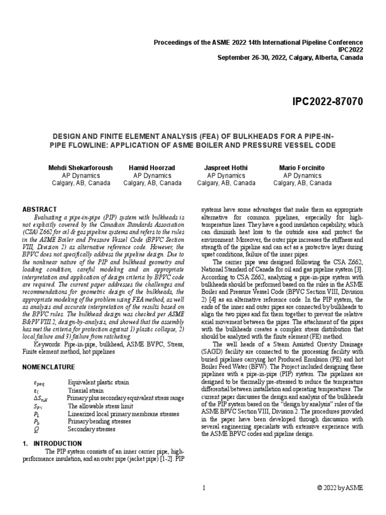 Ipc - 2022 Design and Finite Element Analysis (Fea) of Bulkheads For A Pipe-Inpipe Flowline ...