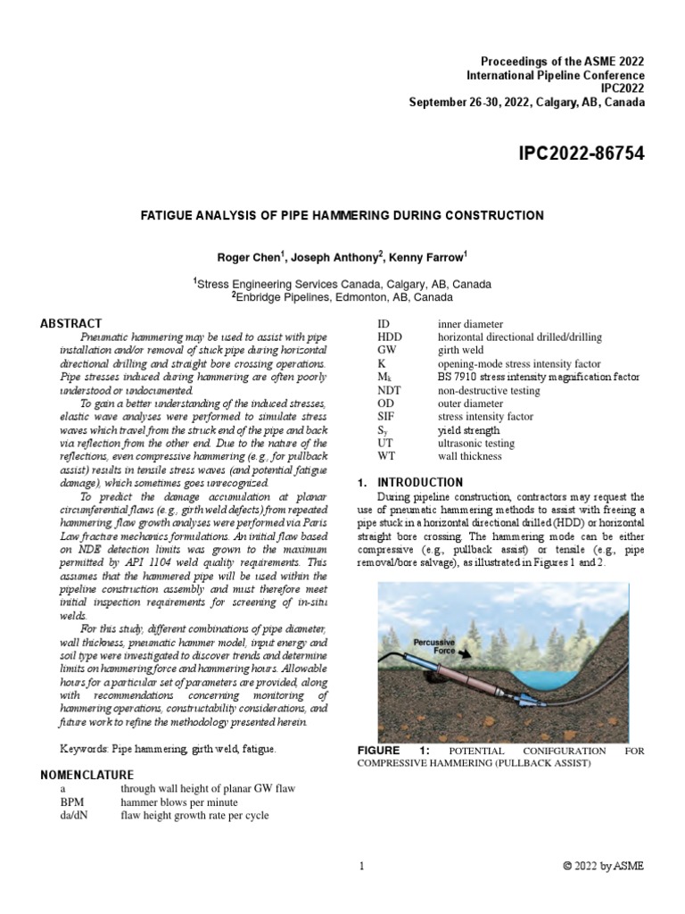 Ipc2022-86754-Fatigue Analysis of Pipe Hammering During Construction | PDF