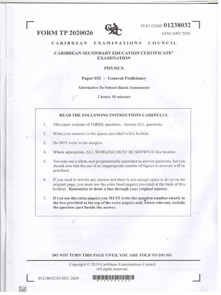 Csec 2020 (Jan)- Physics Paper 032 | PDF