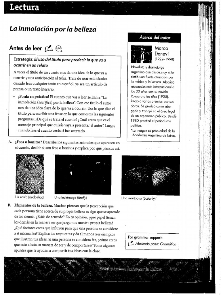 INMOLACIÓN POR LA BELLEZA CUENTO Y ACTIVIDADES | PDF