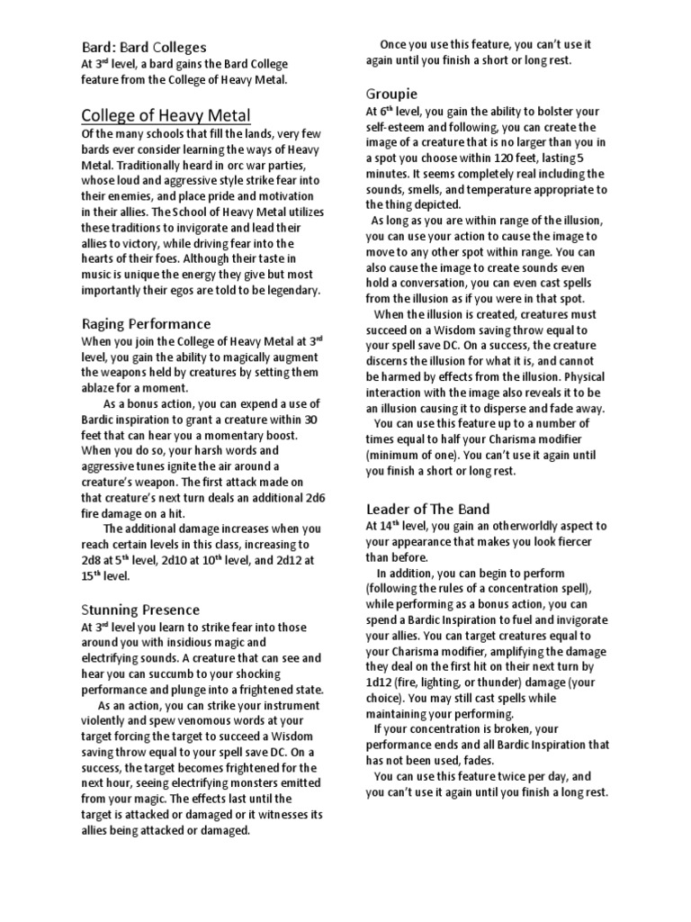 5e College of Heavy Metal For Bard | PDF