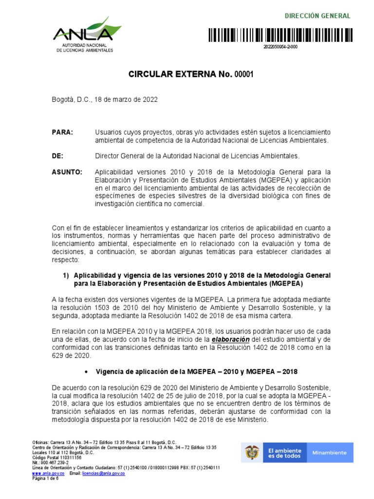 CIRCULAR EXTERNA No. 0001 ANLA 2022 MPEA Y PERMISOS DE RECOLECCION DE ESPECIMENES | PDF ...