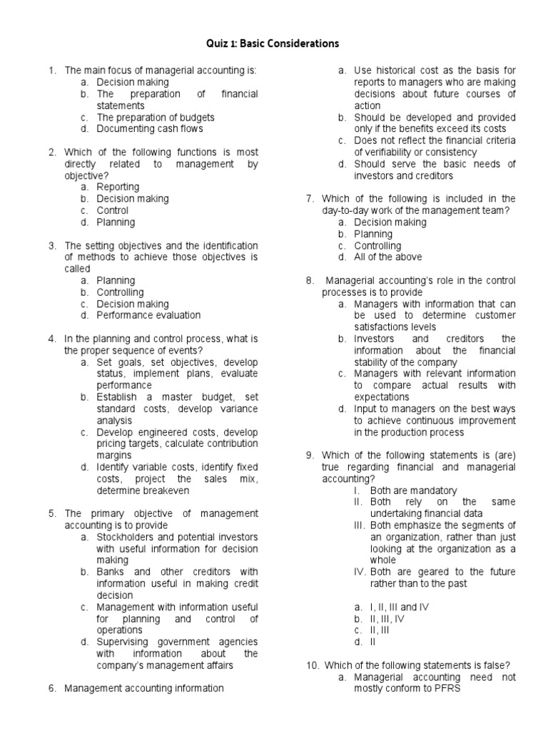 Quiz 1: Basic Considerations | PDF | Accounting | Management Accounting