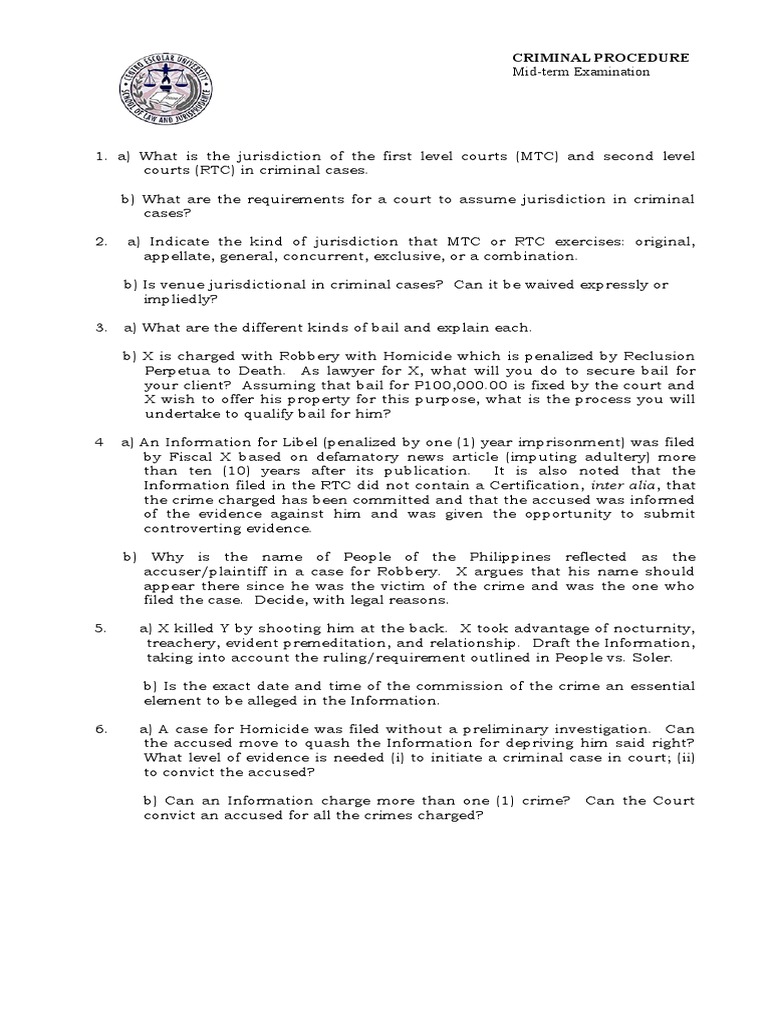 Criminal Procedure Midterm Exam | PDF | Plea | Arraignment