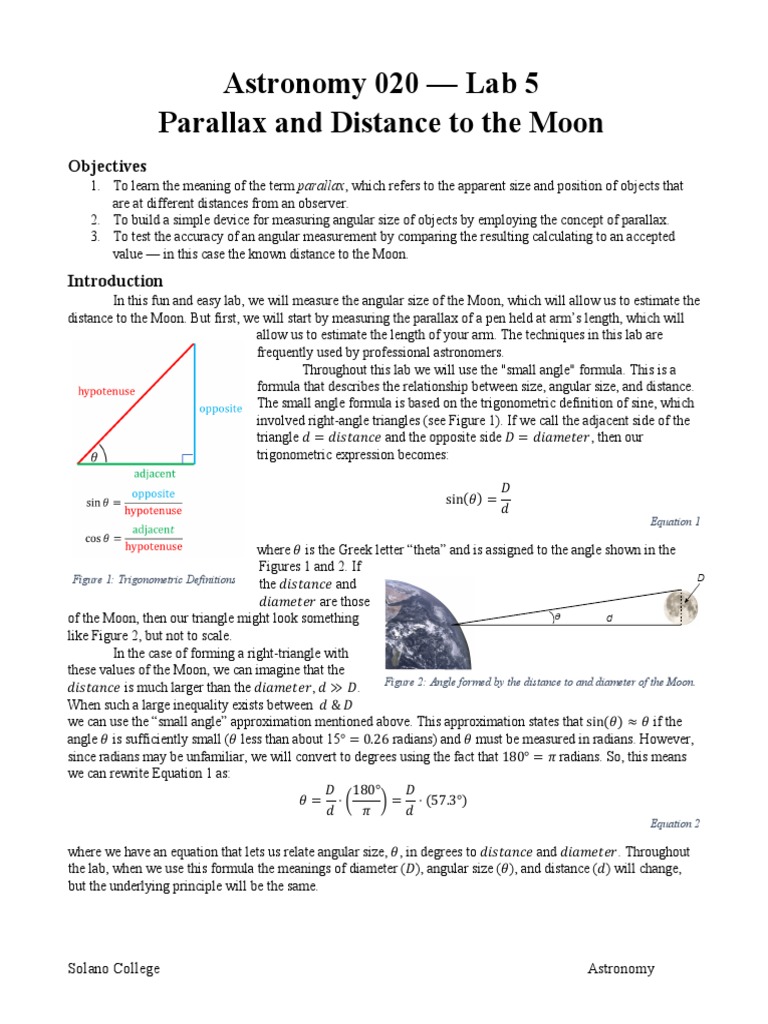 Lab 5 - Parallax and Distance To The Moon | PDF | Angle | Trigonometry