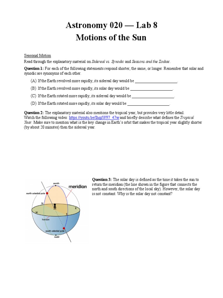 Sun Motion and Seasonal Effects Lab | PDF | Latitude | Celestial Mechanics