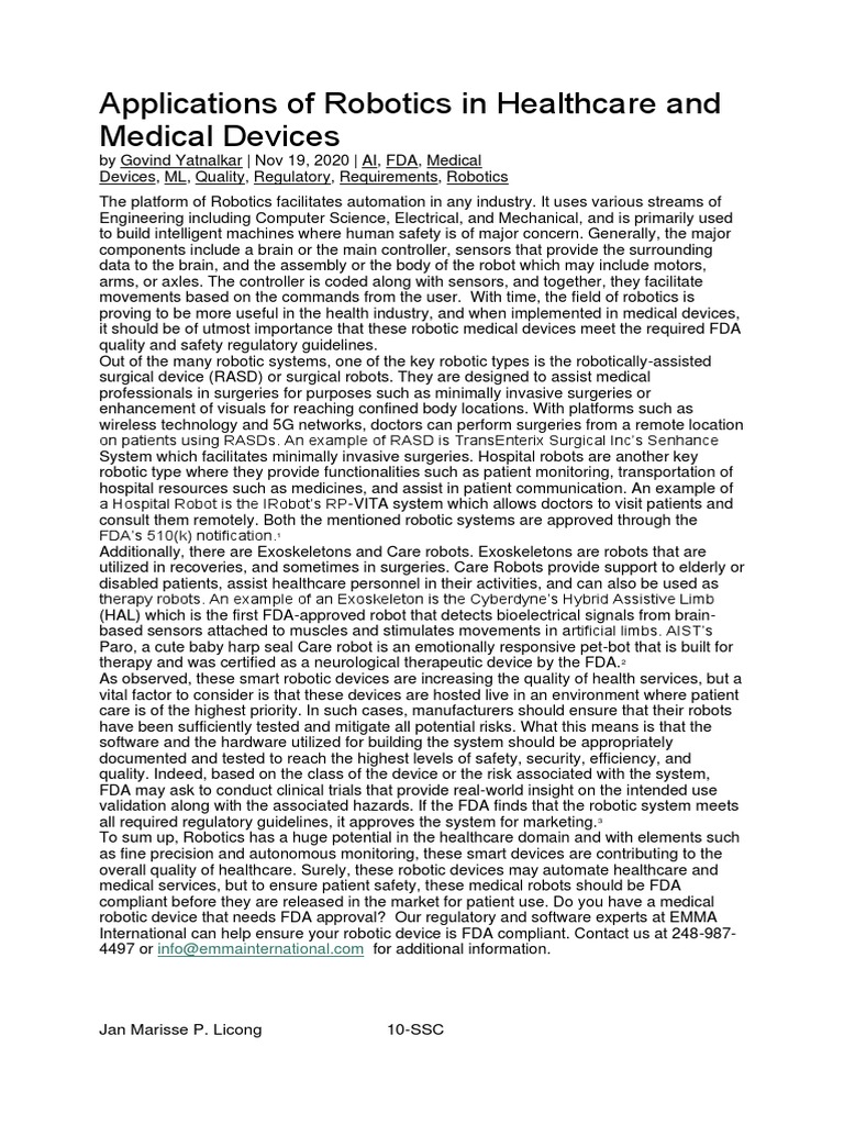 Applications of Robotics in Healthcare and Medical Devices | PDF ...