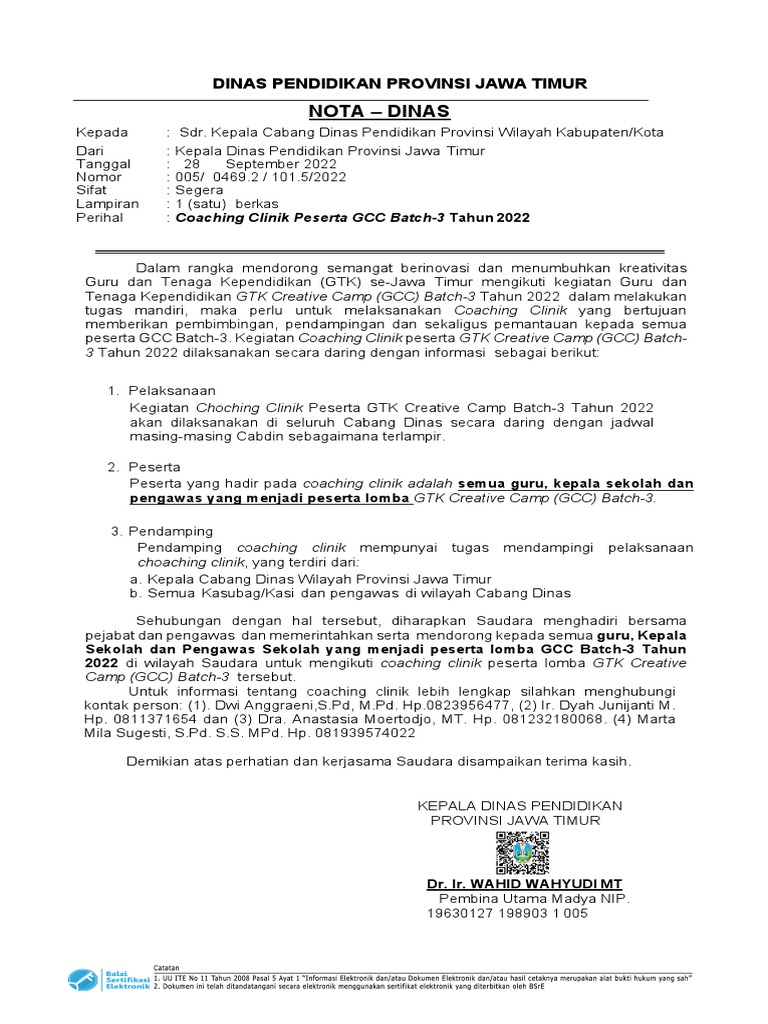 NOTA DINAS Choching Clinik Peserta - Sign | PDF