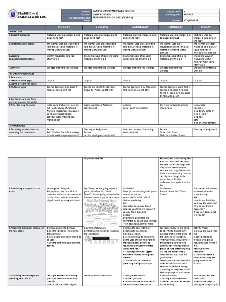 DLL - Science 5 - Q1 - W6 | PDF | Waste | Recycling