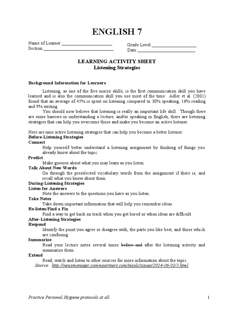 Grade 7 Q2 English LAS | PDF | Learning | Cognitive Science