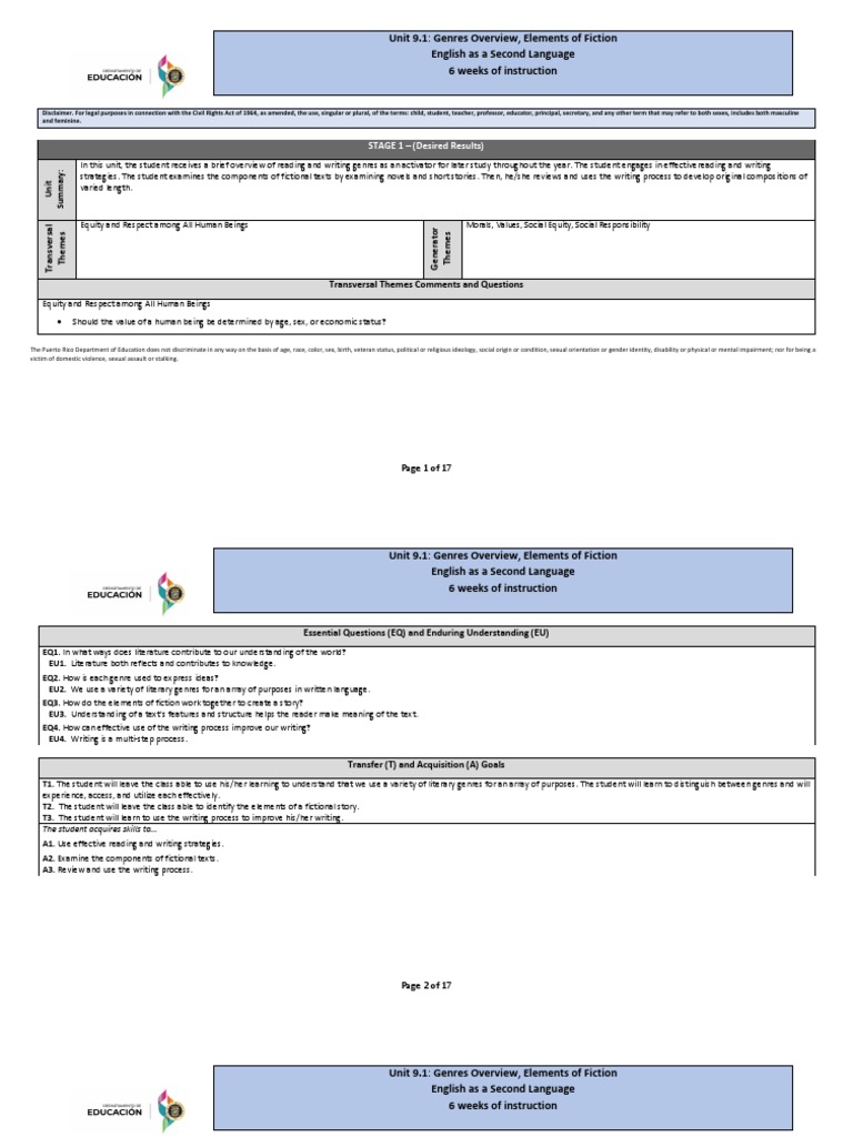 Unit 9.1 Genre Overview, Elements of Fiction | PDF | Language Arts ...