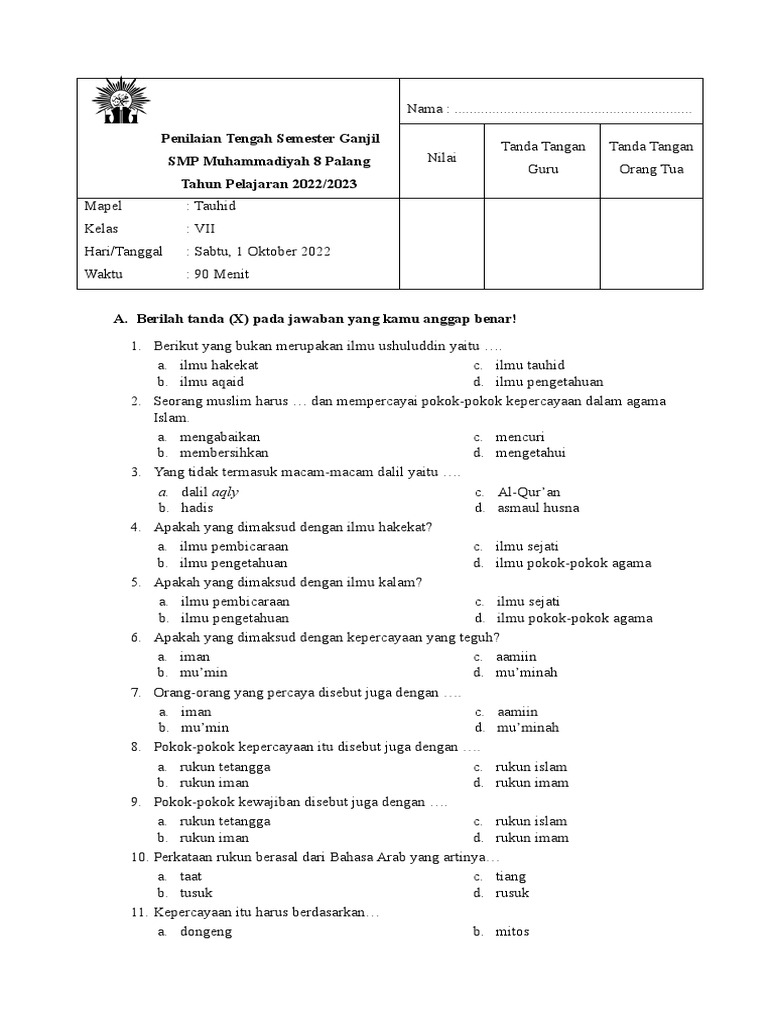 Soal PTS Ganjil Tauhid 7 2223 | PDF | Agama & Spiritualitas