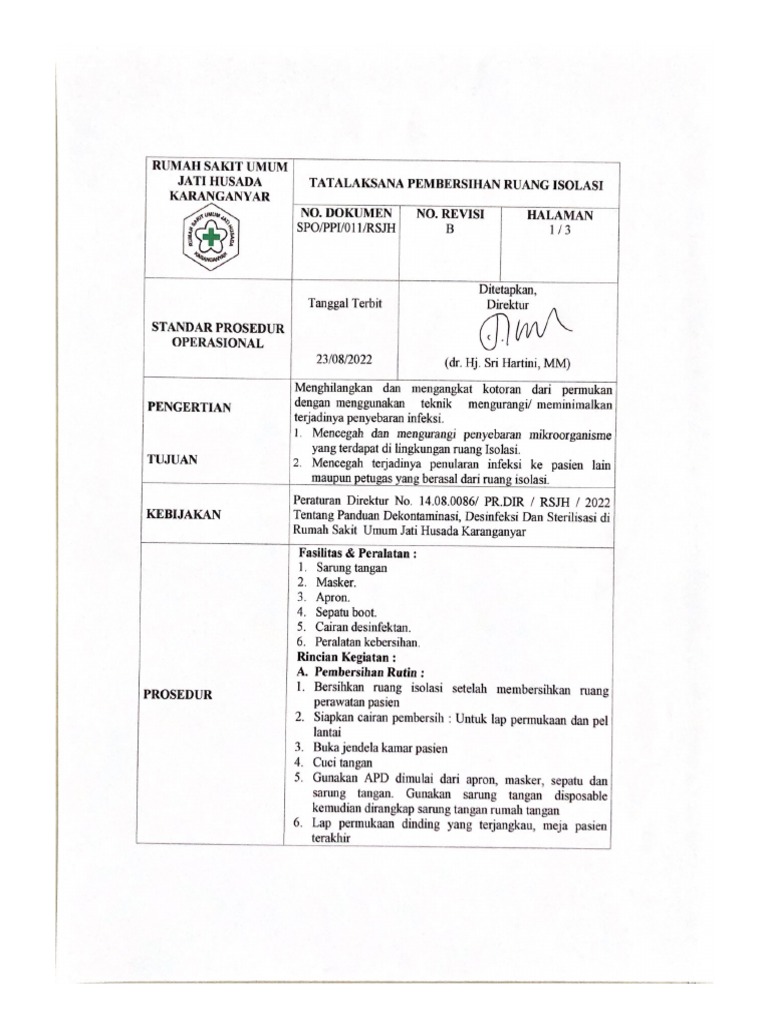 Spo Pembersihan Dan Desinfeksi Ruang Isolasi Ppi 5 (B) | PDF