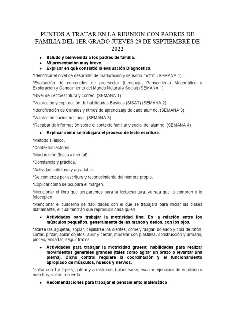 Acuerdos de La Primera Reunion Con Padres de Familia Del 1er Grado ...
