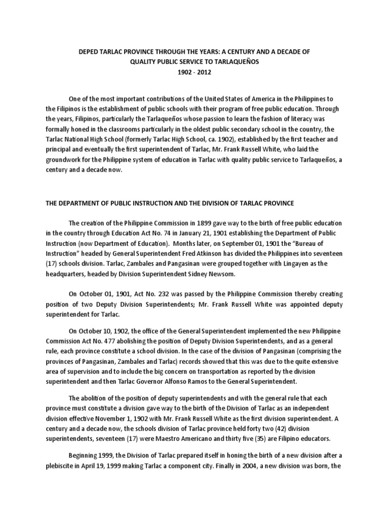 History of The DepEd Tarlac Province 1902 2012 | PDF