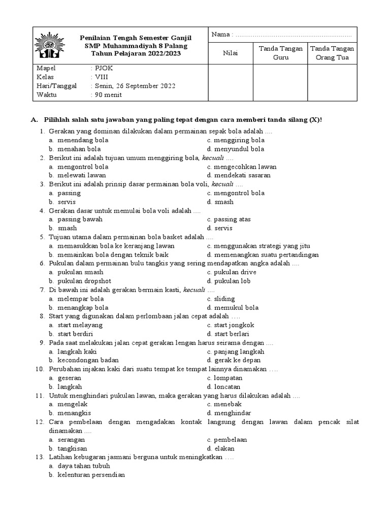 Soal PTS Ganjil Pjok 8 2223 | PDF