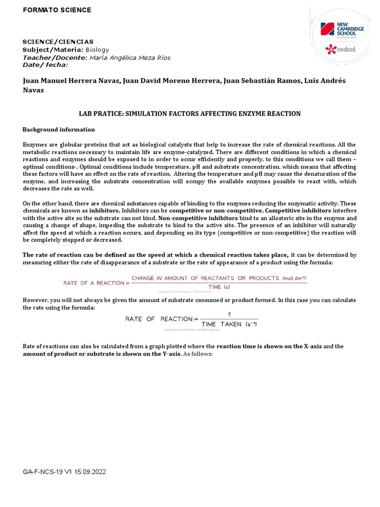 Lab Simulation Factors Affecting Enzyme Reactions | PDF | Enzyme ...