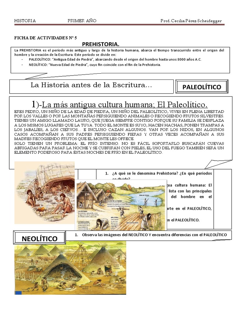 FICHA de ACTIVIDADES Nº 5 Prehistoria Paleolítico y Neolítico | PDF | Neolítico | Paleolítico