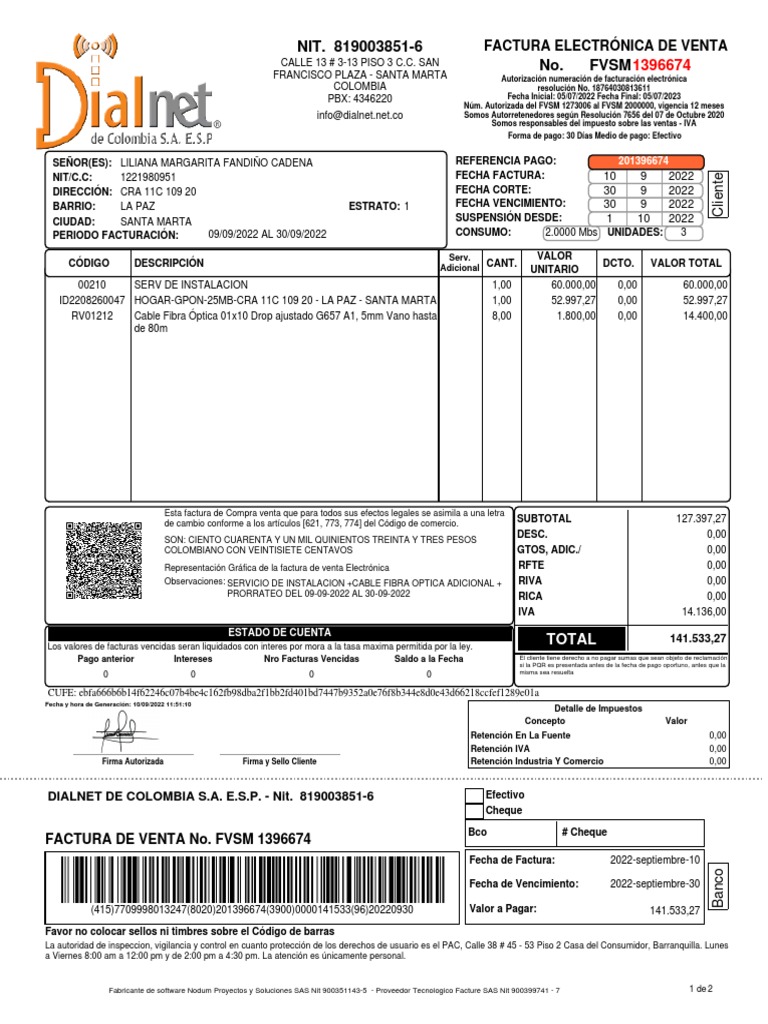 Factura electrónica de venta por servicio de instalación de internet y ...