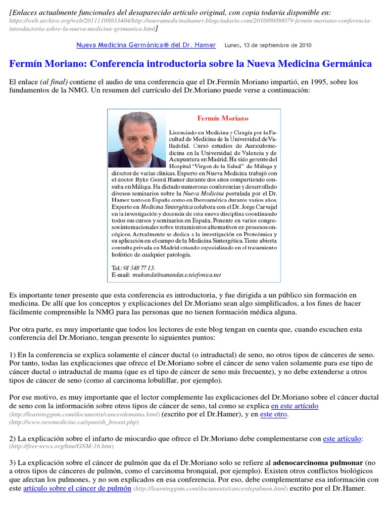 Fermín Moriano Conferencia Introductoria Sobre La Nueva Medicina ...