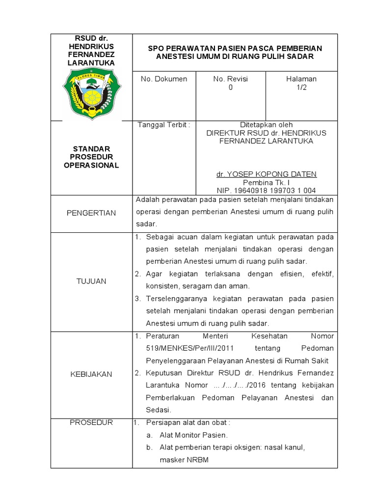 SOP Perawatan Pasien Pasca Anestesi Umum Di RR (FIX) | PDF ...
