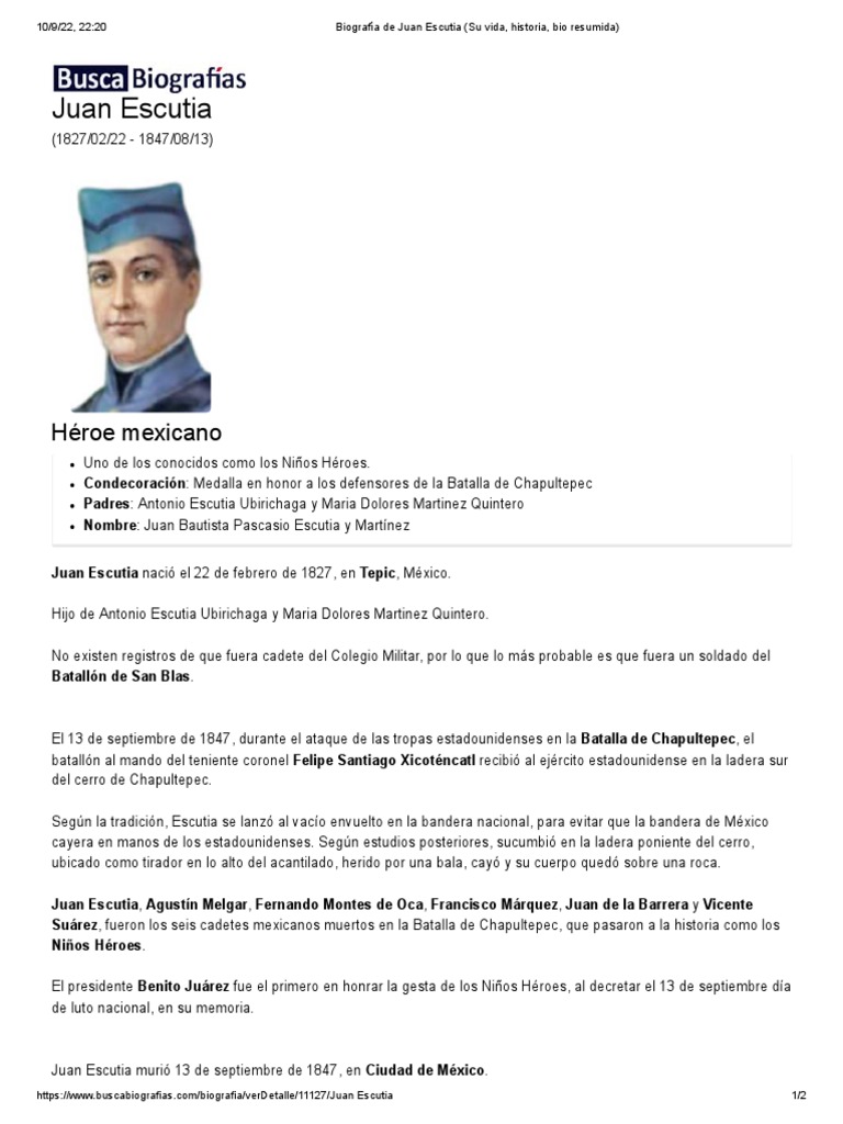 Biografía de Juan Escutia (Su Vida, Historia, Bio Resumida) | PDF | Batallas | Conflictos