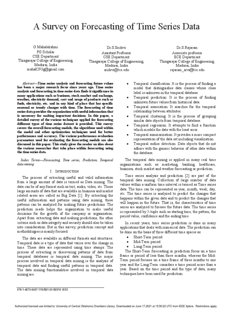 A Survey On Forecasting of Time Series Data | PDF | Time Series | Forecasting