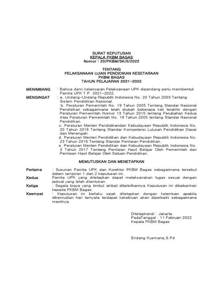 Keputusan Panitia UPK PKBM Bagas | PDF