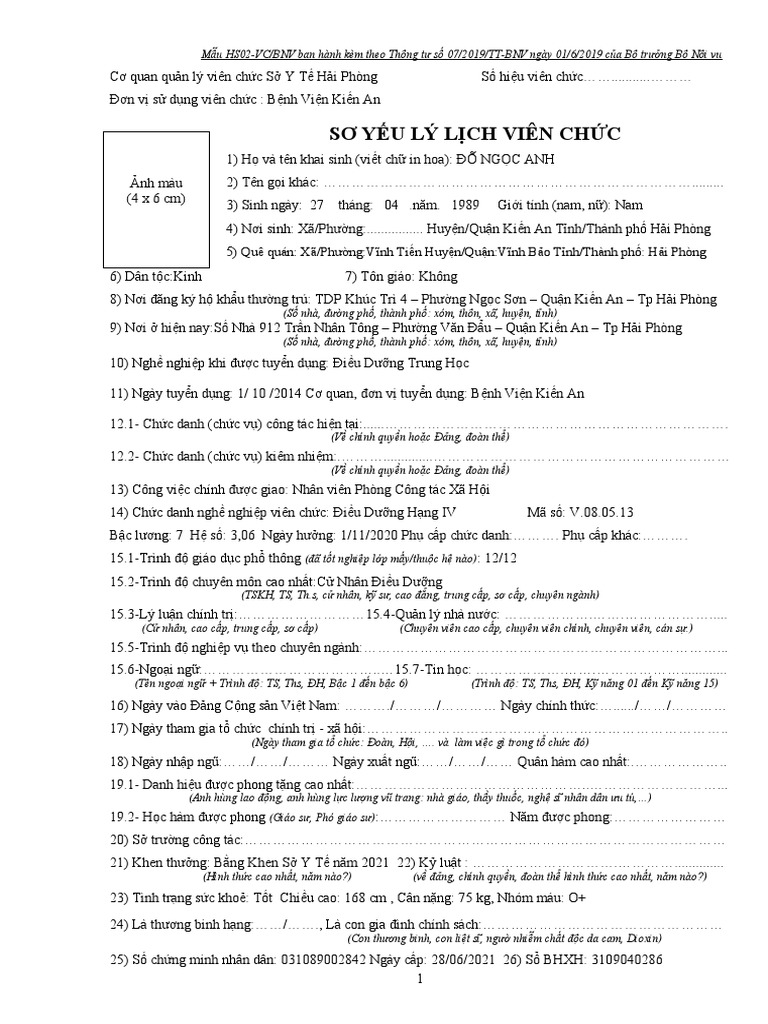 SYLL mẫu HS02-VC của BNV | PDF