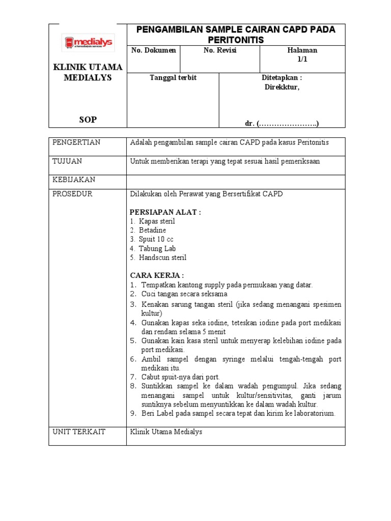 Pengambilan Sample Cairan CAPD untuk Diagnosa Peritonitis | PDF