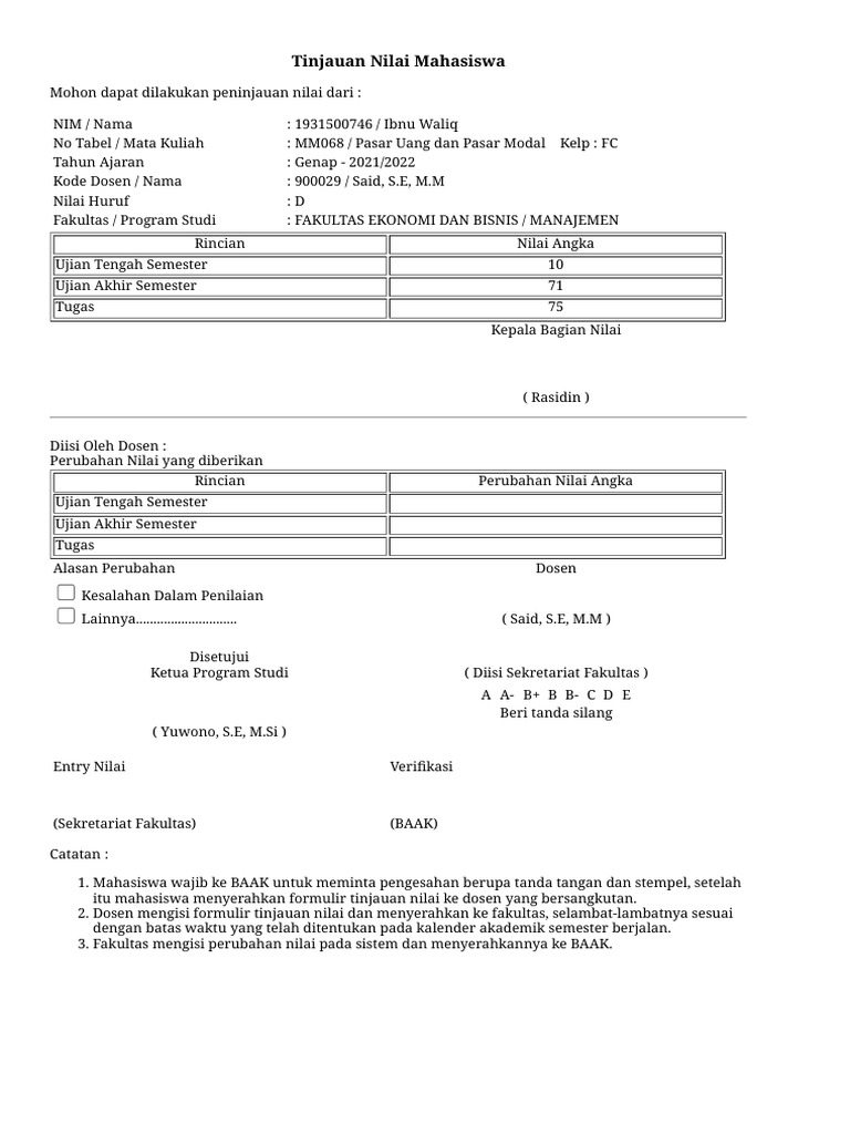 Form Tinjauan Nilai Mahasiswa | PDF
